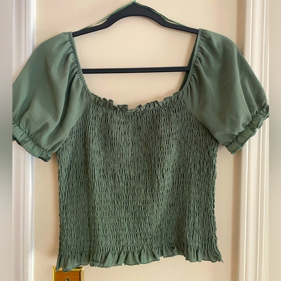 Tops | Olive Green Ruffle Top With Puffed Sleeves | Poshmark